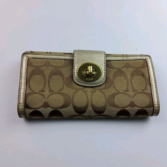 Coach | Bags | Coach Signature Leather Trim Full Size Turnlock Wallet ...